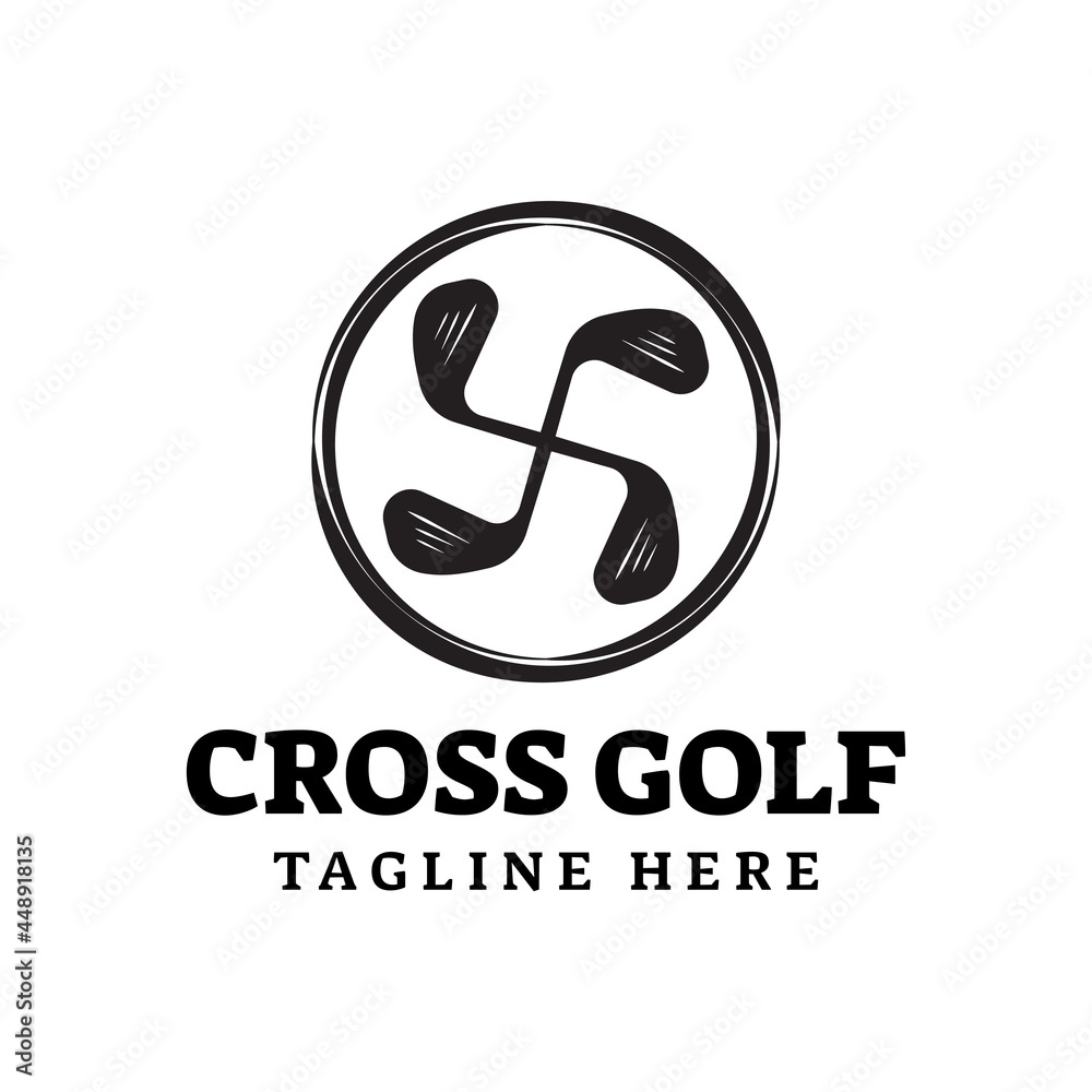 Cross golf logo with golf stick and circle shape element isolated on ...