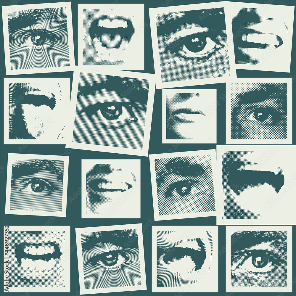 Seamless pattern with a collage of square fragments that depict human ...