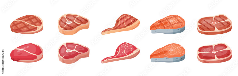 Set of cartoon meat products: beef steaks, raw meat and fish. Grilled ...