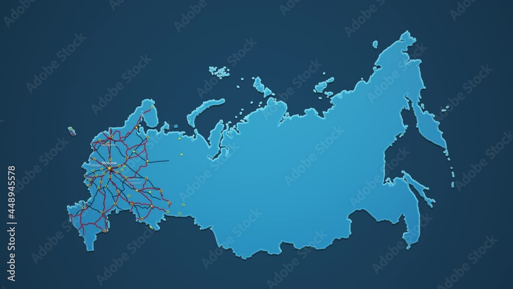 Light blue map of Russia with cities, roads and railways on a dark blue ...