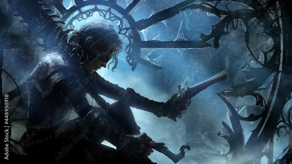 Ilustrace „An exhausted warrior woman with a spiked sword, a saw and a ...