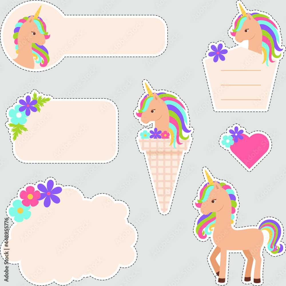 Set of unicorn stickers. Collection of cute unicorn labels in cartoon ...