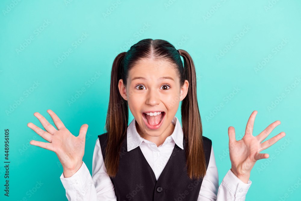 Photo portrait little girl shouting amazed crazy in uniform isolated ...