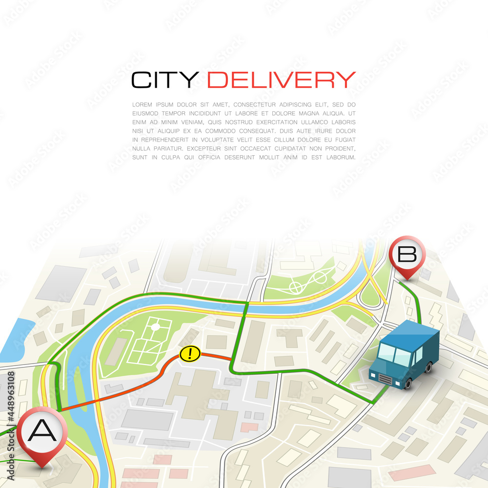 City map navigation delivery route, point markers delivery van, drawing ...