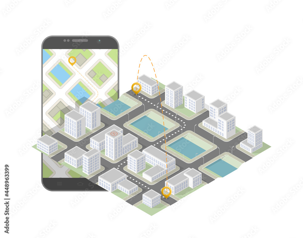 City map route navigation smartphone, phone point marker, drawing ...