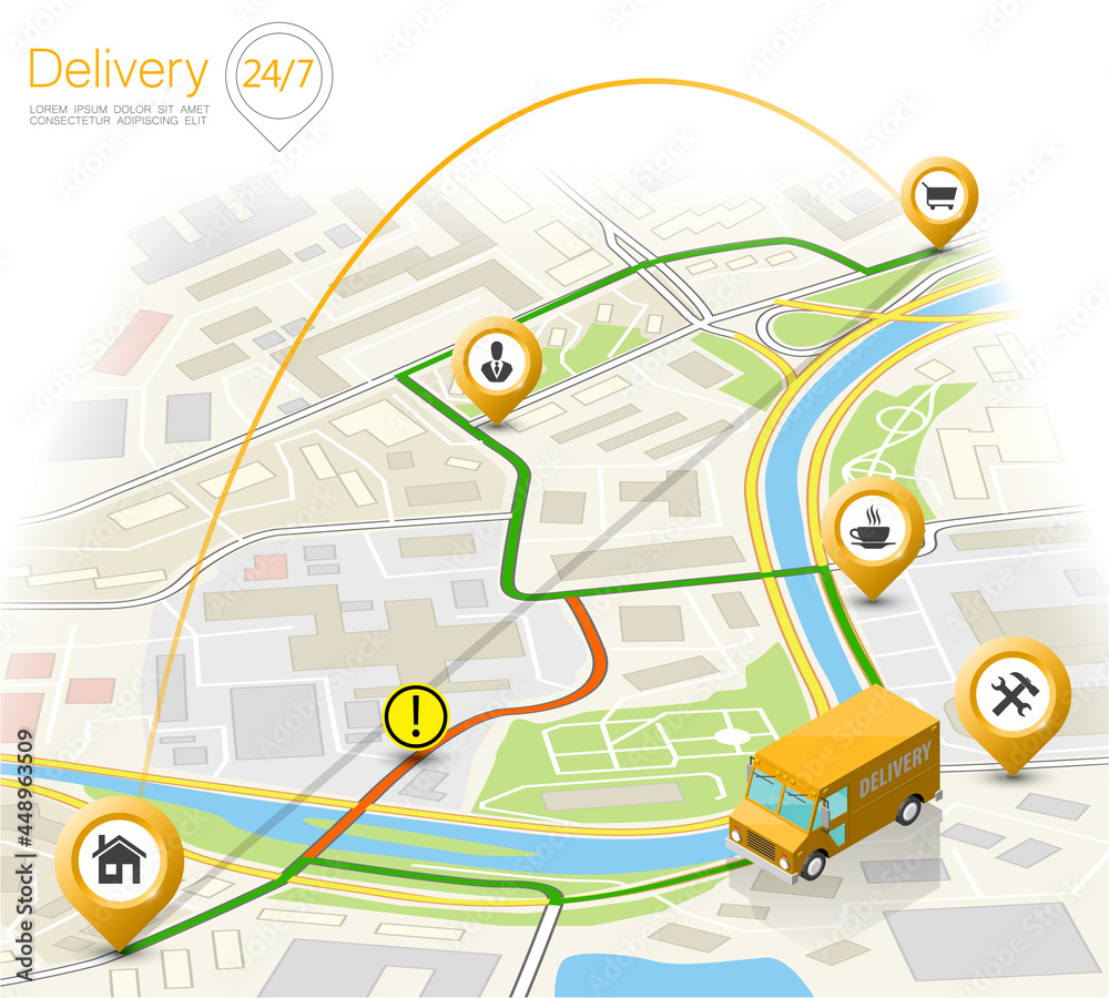 Delivery navigation route, City map point marker isometric delivery van ...
