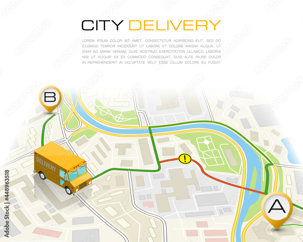 Delivery navigation route, City map point marker isometric delivery van ...