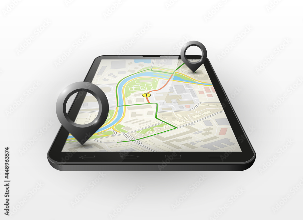 City map navigation 3d smartphone, phone point marker, app drawing ...