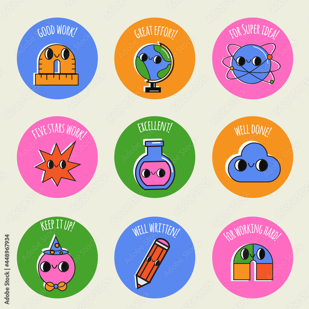 School labels for teachers. Award stickers with cartoon characters for ...