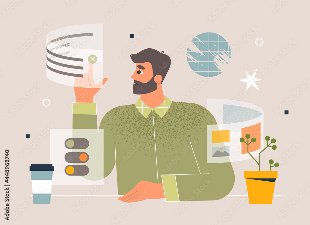 UX, UI, usability concept. Man interacting with a web interface ...