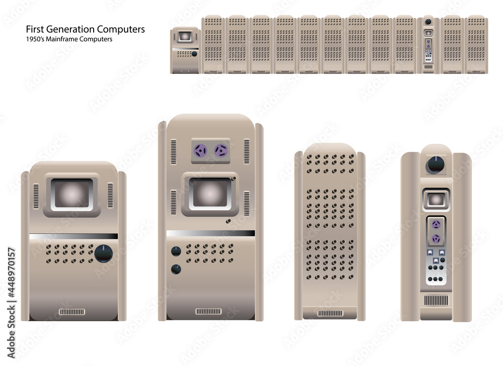 1950's era old-fashioned first generation maiframe computer consoles ...