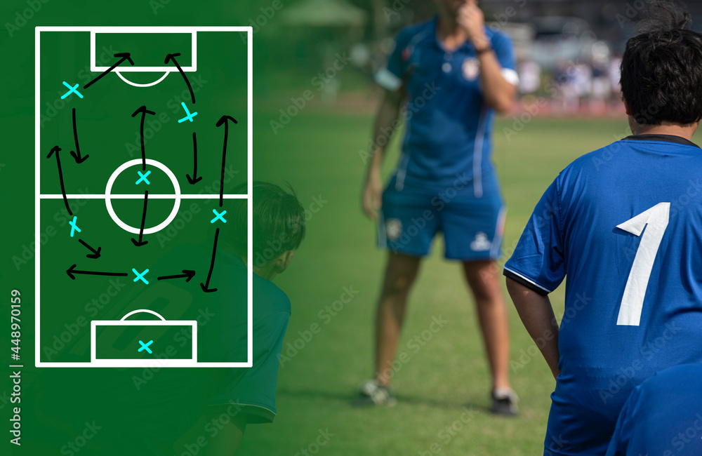 Football coach grouping and guiding to his team during a team meeting ...