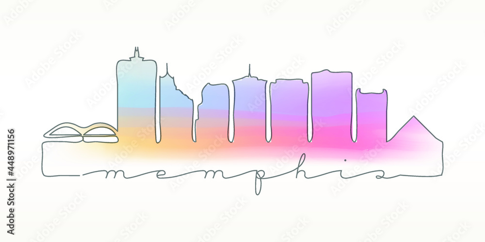 Memphis, TN, USA Skyline Watercolor City Illustration. Famous Buildings ...