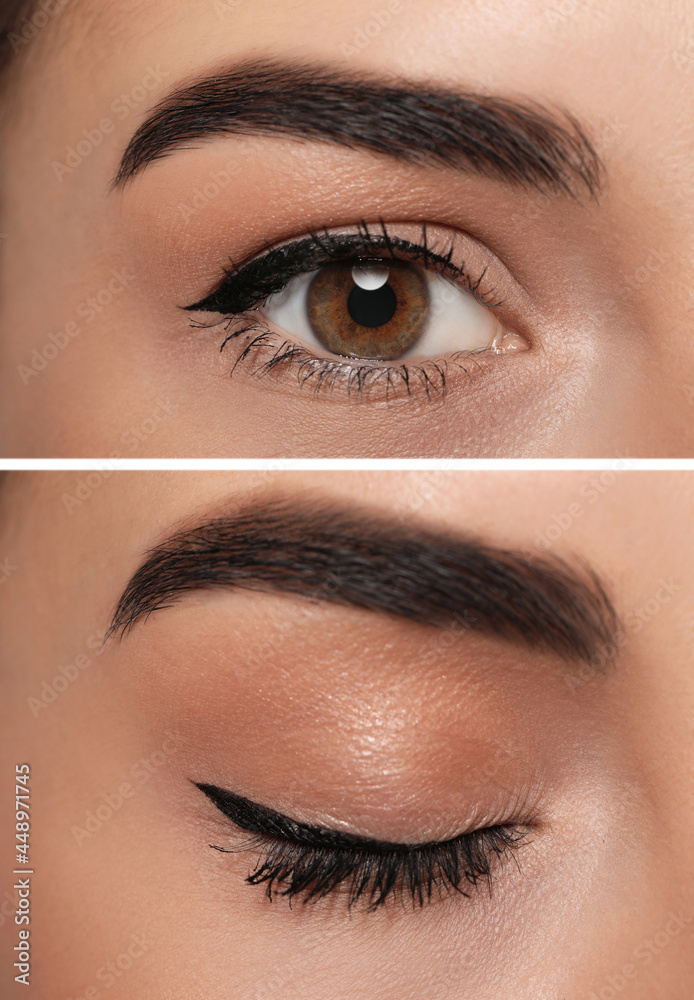 Collage with photos of woman with black eyeliner, closeup view of ...