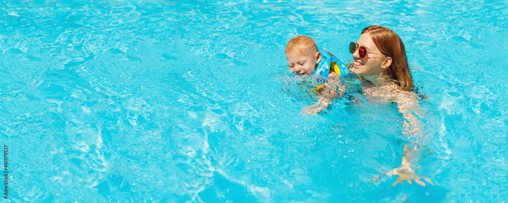 mom and little baby swim in the pool, Happy baby learn to swim, dive ...