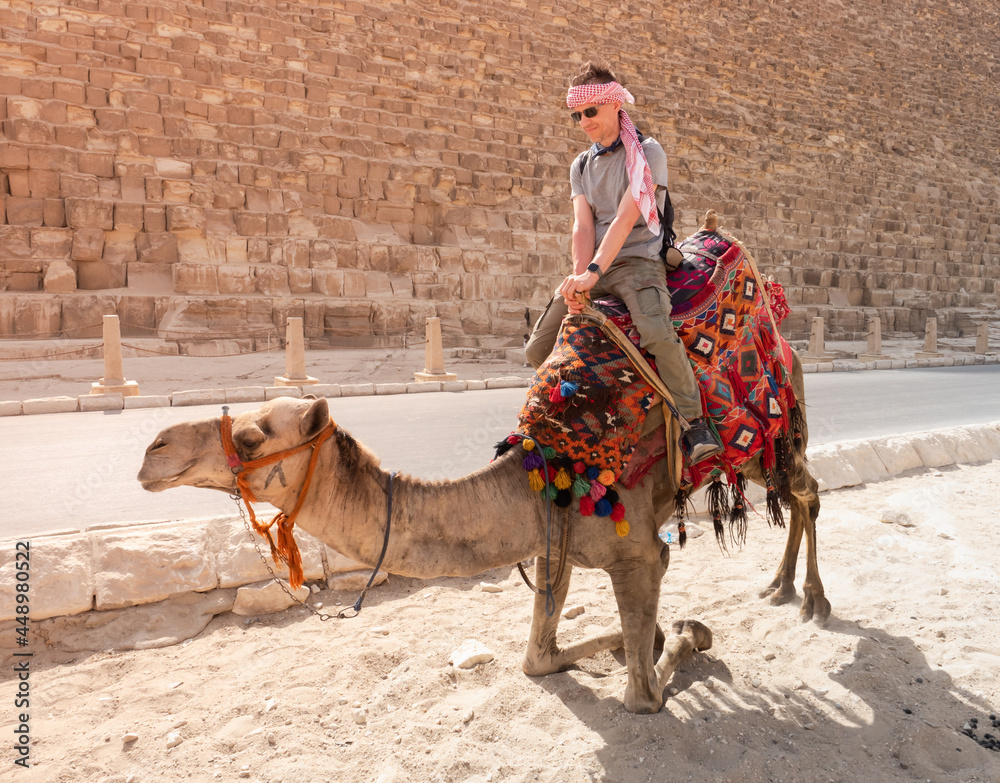 A tourist on a camel poses against the backdrop of the pyramids in Giza ...