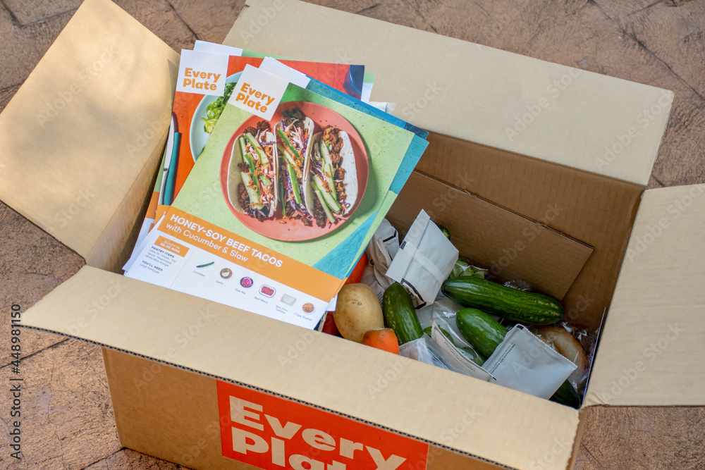 Sydney, Australia 2021-07-17 Every plate meal kit in a cardboard box ...