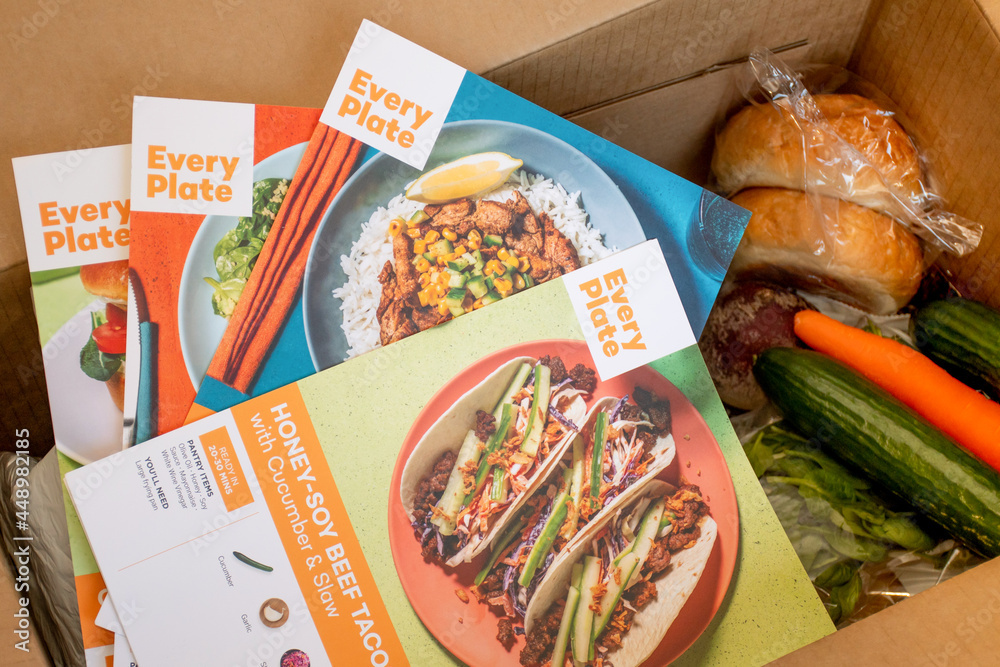 Sydney, Australia 2021-07-17 Every plate meal kit in a cardboard box ...