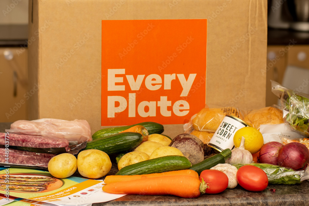 Sydney, Australia 2021-07-17 Every plate meal kit in a cardboard box on ...