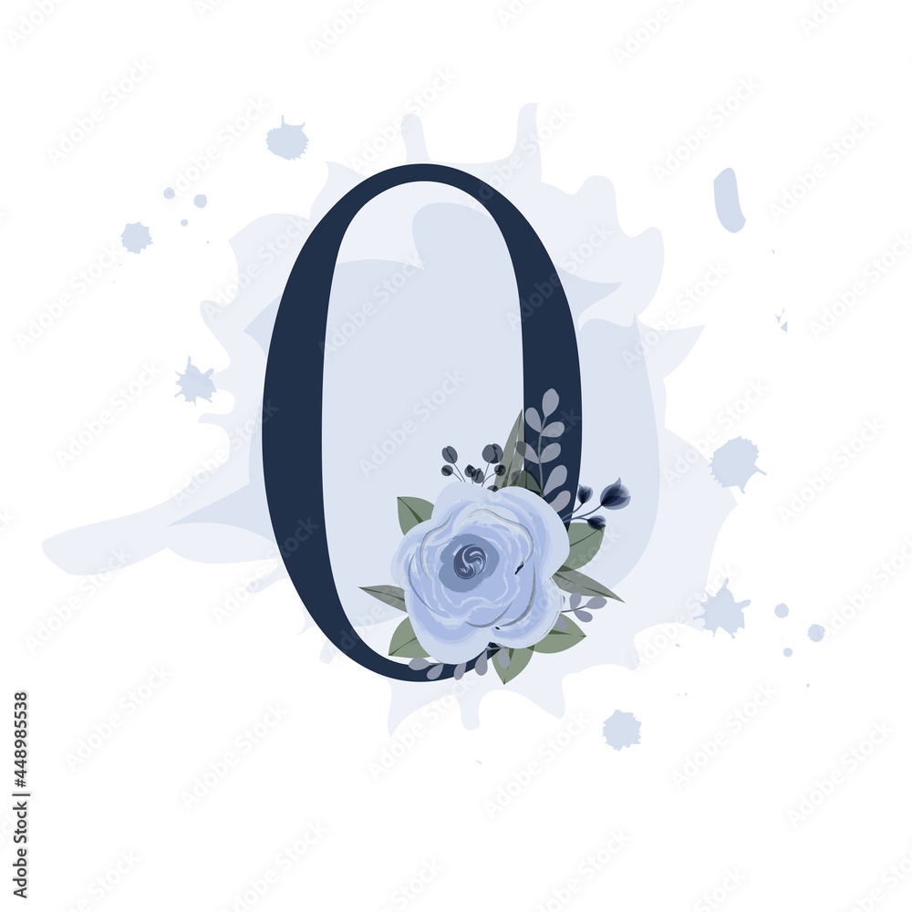 Number zero decorated royal blue rose with leaves and watercolor splash ...