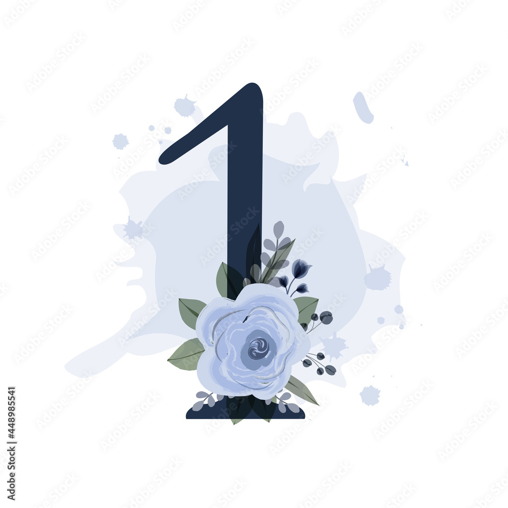 Number one decorated royal blue rose with leaves and watercolor splash ...