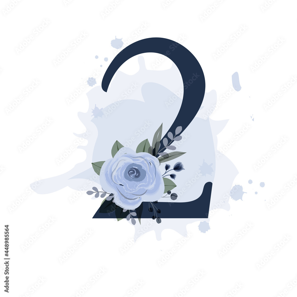 Number two decorated royal blue rose with leaves and watercolor splash ...