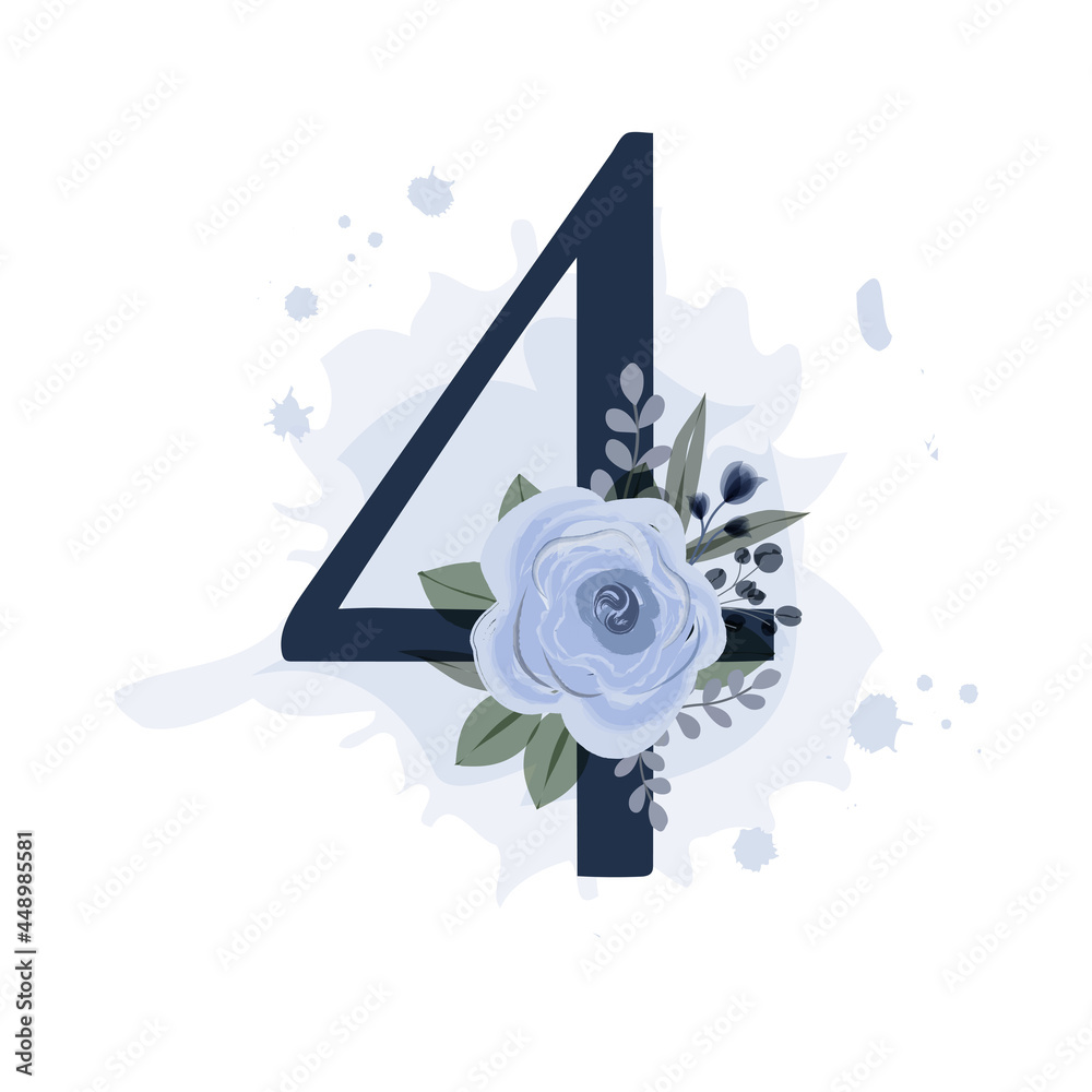 Number four decorated royal blue rose with leaves and watercolor splash ...