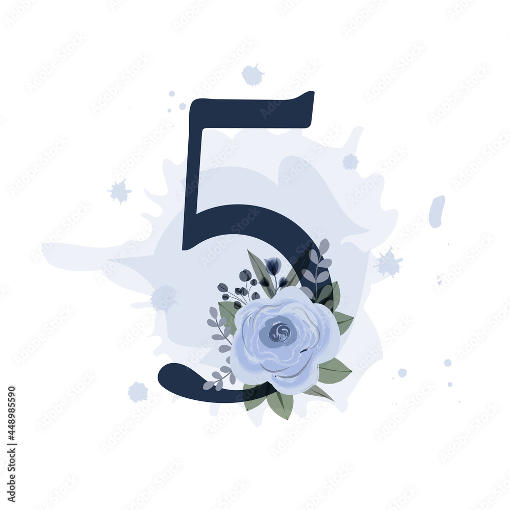 Number five decorated royal blue rose with leaves and watercolor splash ...