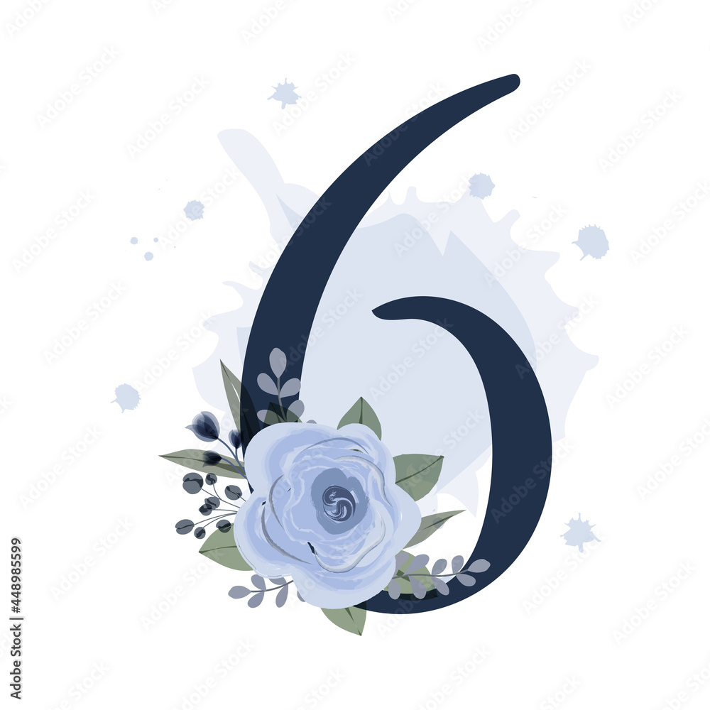 Number six decorated royal blue rose with leaves and watercolor splash ...