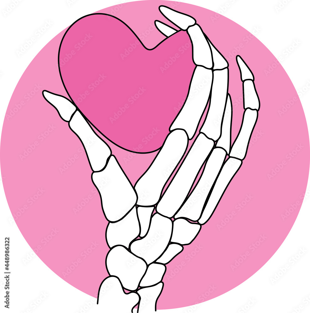 Human skeleton hand holding love heart vector art cute valentines day ...