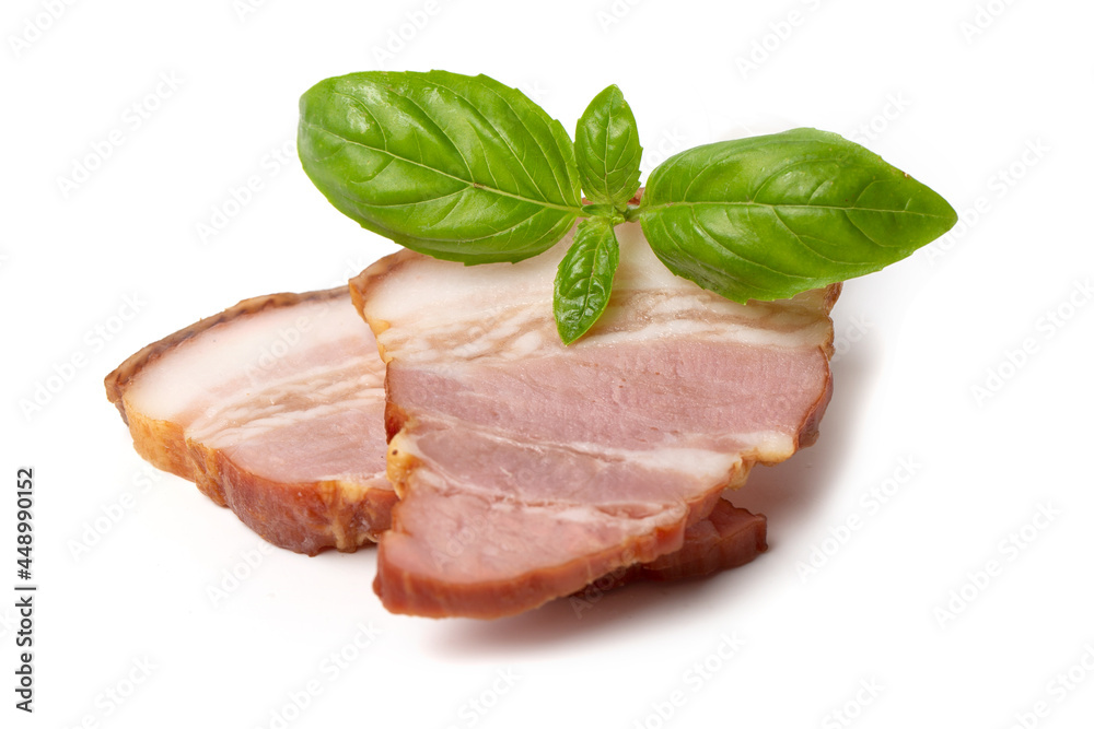 Smoked brisket pork loin decorated green basil leaf, isolated on white ...