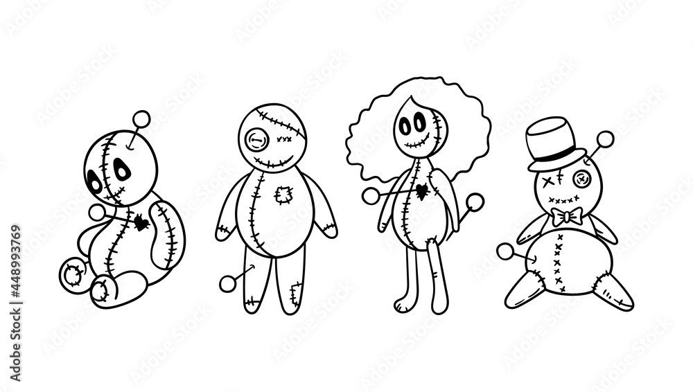 Halloween creepy voodoo doll isolated clipart set, Black magic outline ...