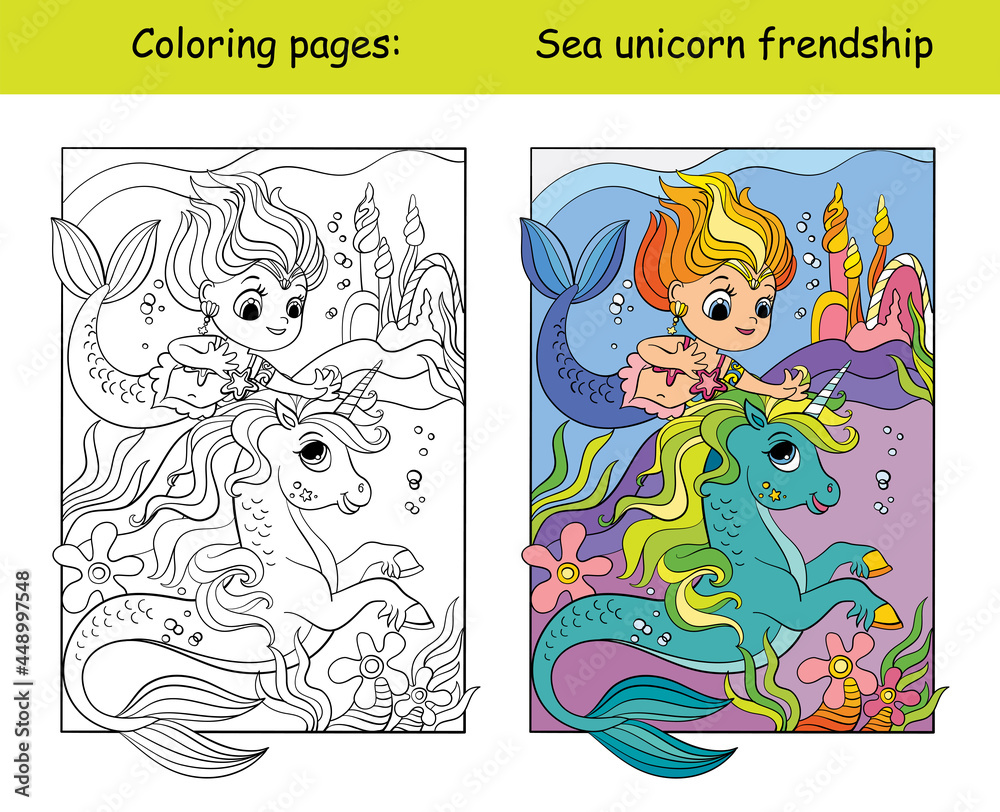 Coloring and color swimming unicorn and mermaid Stock Vector | Adobe Stock