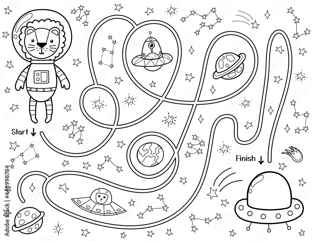 Help a cute lion astronaut find a way to the flying saucer. Black and ...