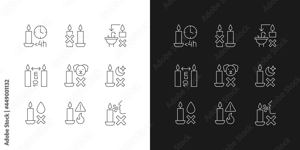Candle safety regulations linear manual label icons set for dark and ...