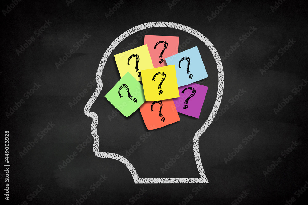 Human brain with question mark concept on chalkboard, mental health and ...