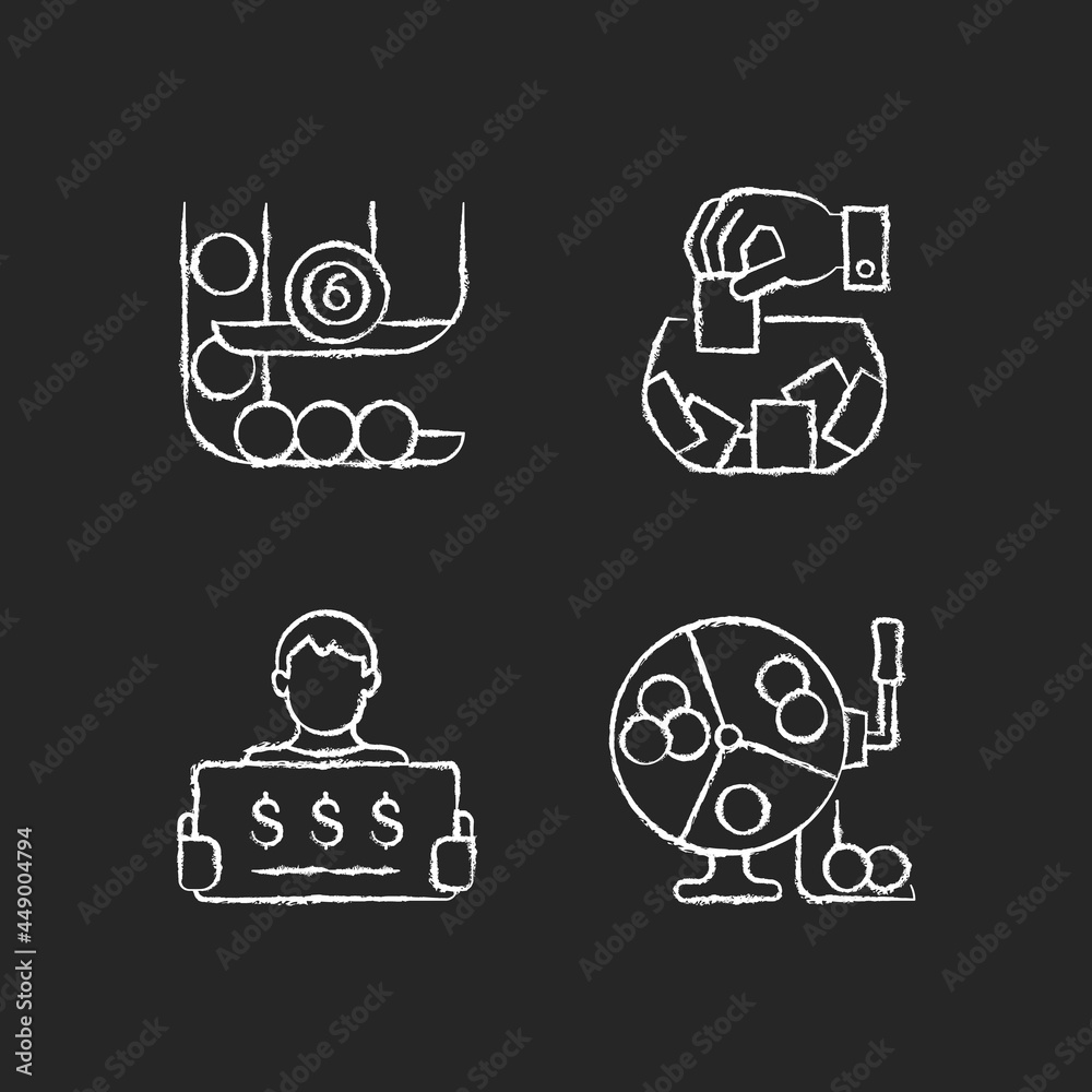 Lottery formats chalk white icons set on dark background. Ball draw ...