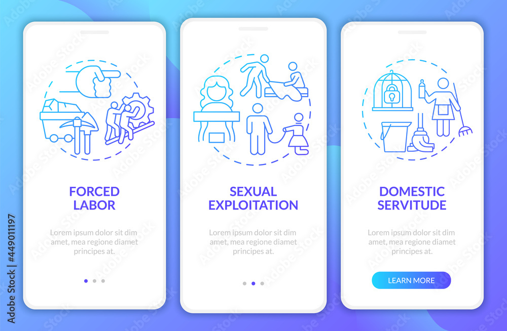 Human exploitation types onboarding mobile app page screen. Forms of ...
