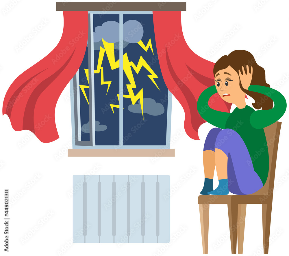 Terrified lady shocked by thunder and lightning. Woman frightened by ...