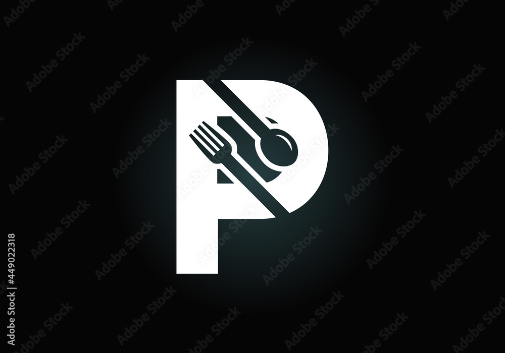 Initial P monogram alphabet with a fork, spoon. Font emblem. Modern ...