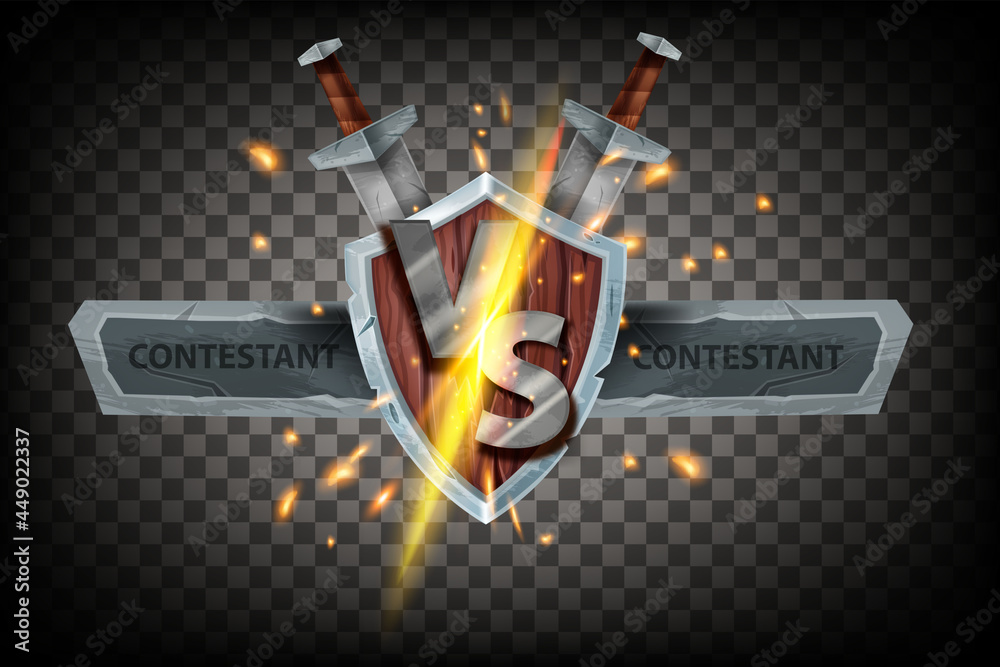 VS game fight banner, vector battle icon, medieval wooden shield, sword ...