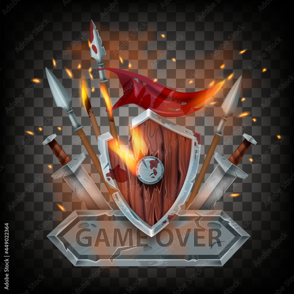 Game over final badge, battle end sign, medieval wooden shield, spear ...