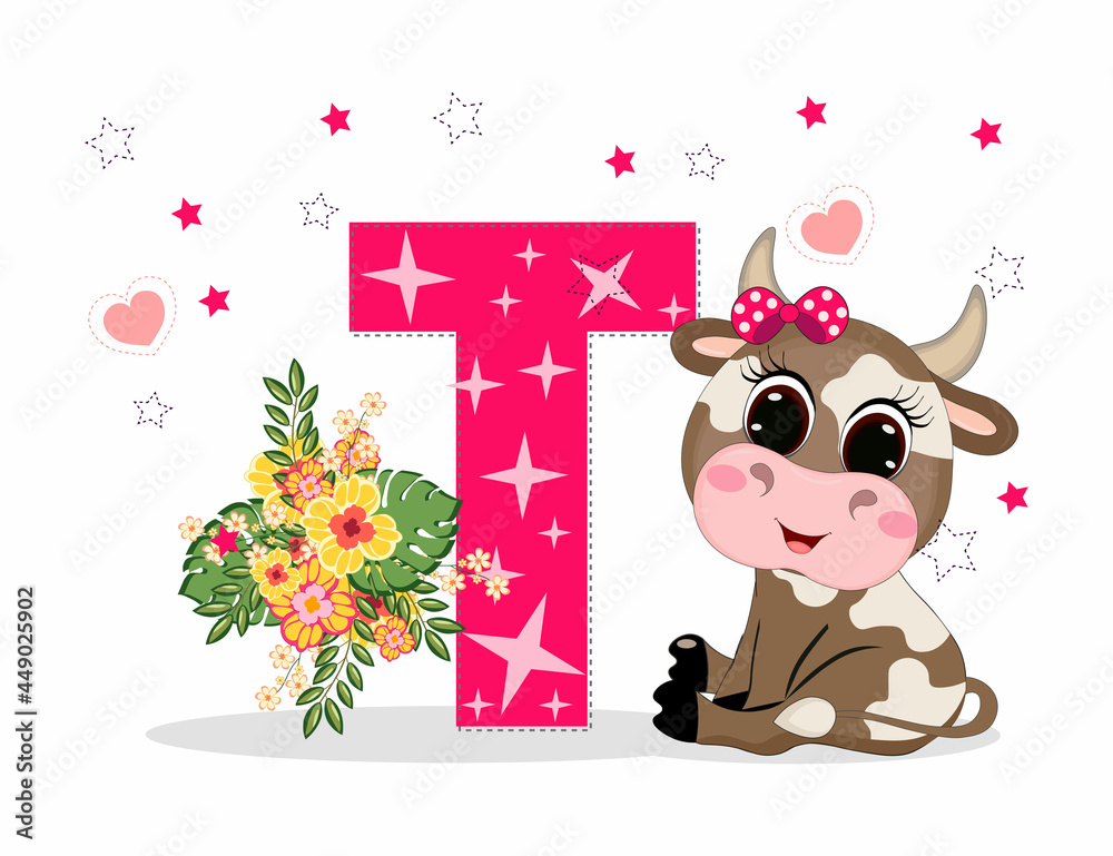 Cute Cartoon little baby beautiful cow girl with letter T. Perfect for ...