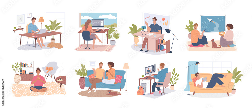 Different young people spend time at home, work, study, watch videos ...