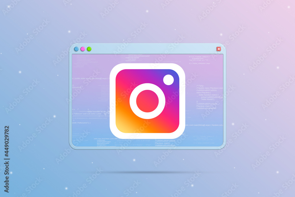 Instagram logo icon on the browser window with elements of the program ...