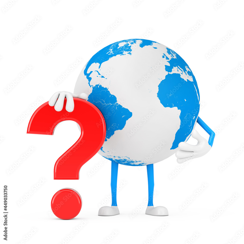 Earth Globe Person Character Mascot with Red Question Mark Sign. 3d ...