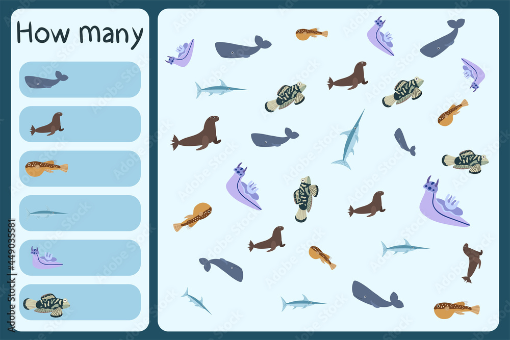 Kids mathematical mini game - count how many sea animals - spermwhale ...