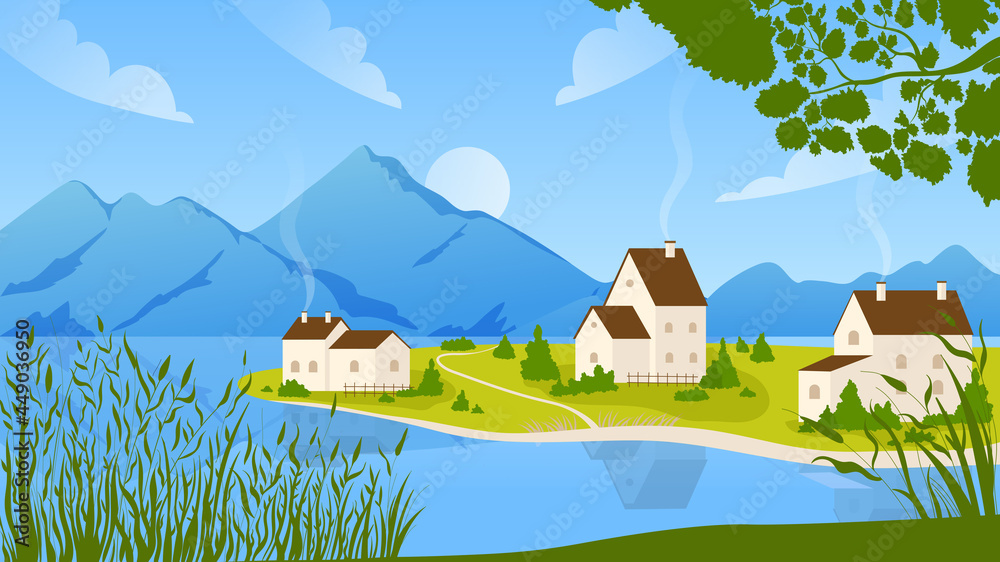 Village on river, mountain summer nature landscape vector illustration ...
