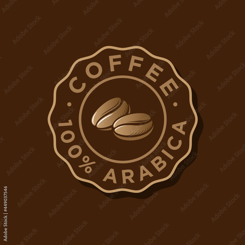 Coffee logo. Coffee, 100% Arabica emblem. Gold coffee beans with ...
