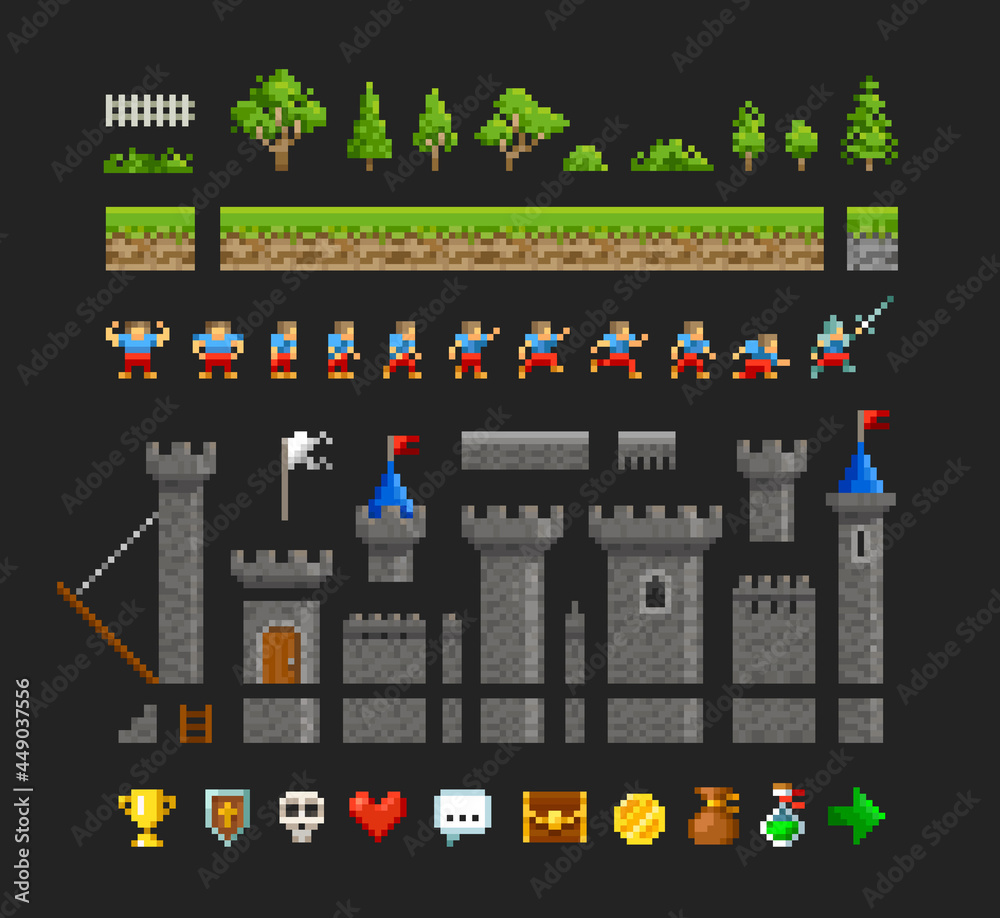 Pixel art 8bit castel or fortress design with animation character and ...